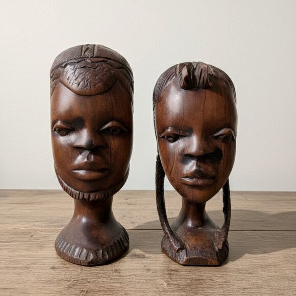 Hand Crafted | Art | Vintage African Hand Carved Wood Busts Set Of 2 ...